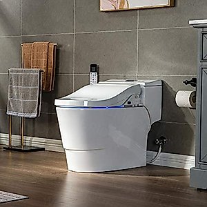 WOODBRIDGE White Luxury, Elongated One Piece Advanced Bidet, Smart Toilet Seat with Temperature Controlled Wash Functions and Air Dryer T-0737