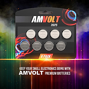 AmVolt- Pack of 8 CR2025 Batteries, 220mAh 3 Volt Lithium Battery, Long Lasting Coin Cell 2030 Batteries for Small Electronic Devices