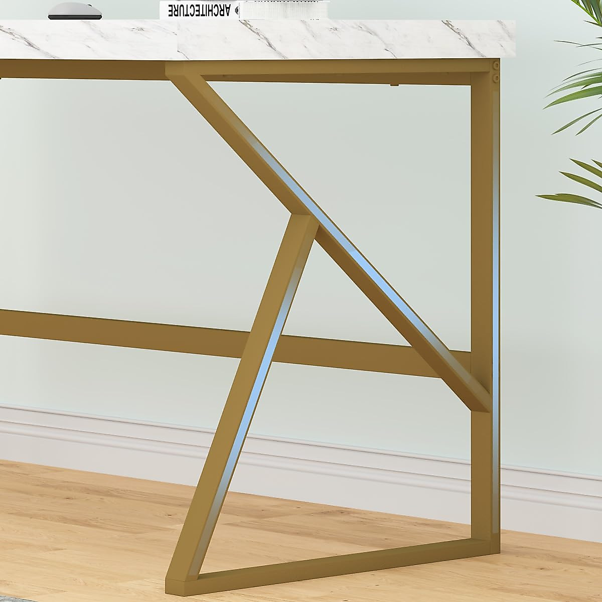 HSH White Faux Marble and Gold Desk, Modern Home Office Executive PC Laptop Computer Desk, Farmhouse Writing Study Work Gaming Table for Bedroom Living Room, Simple Metal Wood Workstation, 55 Inch