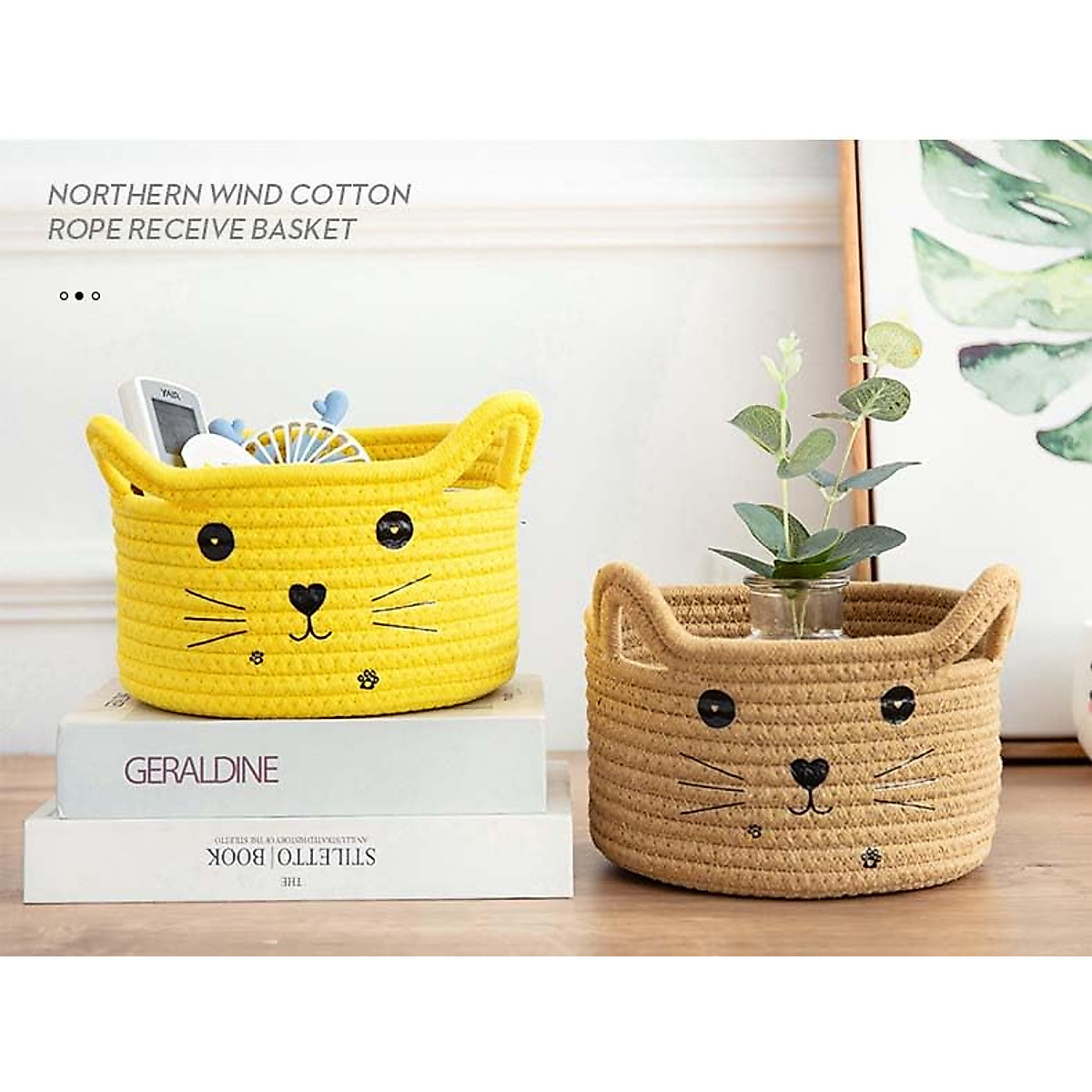Kamuavni Woven Basket Cartoon Cotton Rope Gifts Basket with Handle Empty Baby Wicker Storage Basket Nursery Box Bin Kids Organizer Cat Dog Toy Basket Easter Basket,Yellow