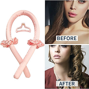Heatless Curling Rod Headband No Heat Silk Ribbon Curling Rod Hair Roller Curls with Hair Claw Clip Lazy Natural Soft Wave DIY Hair Rollers Styling Tool for Sleep in Overnight (Pink)