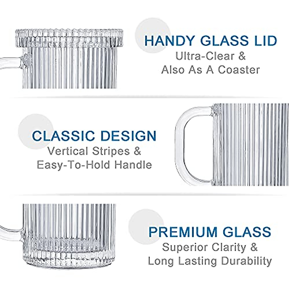 Lysenn Clear Glass Coffee Mug - Classic Vertical Stripes Tea Mug - Elegant Coffee Cup with Glass Lid for Latte, Espresso - Lovely Gift for Christmas, Anniversary and Birthday - 11 oz