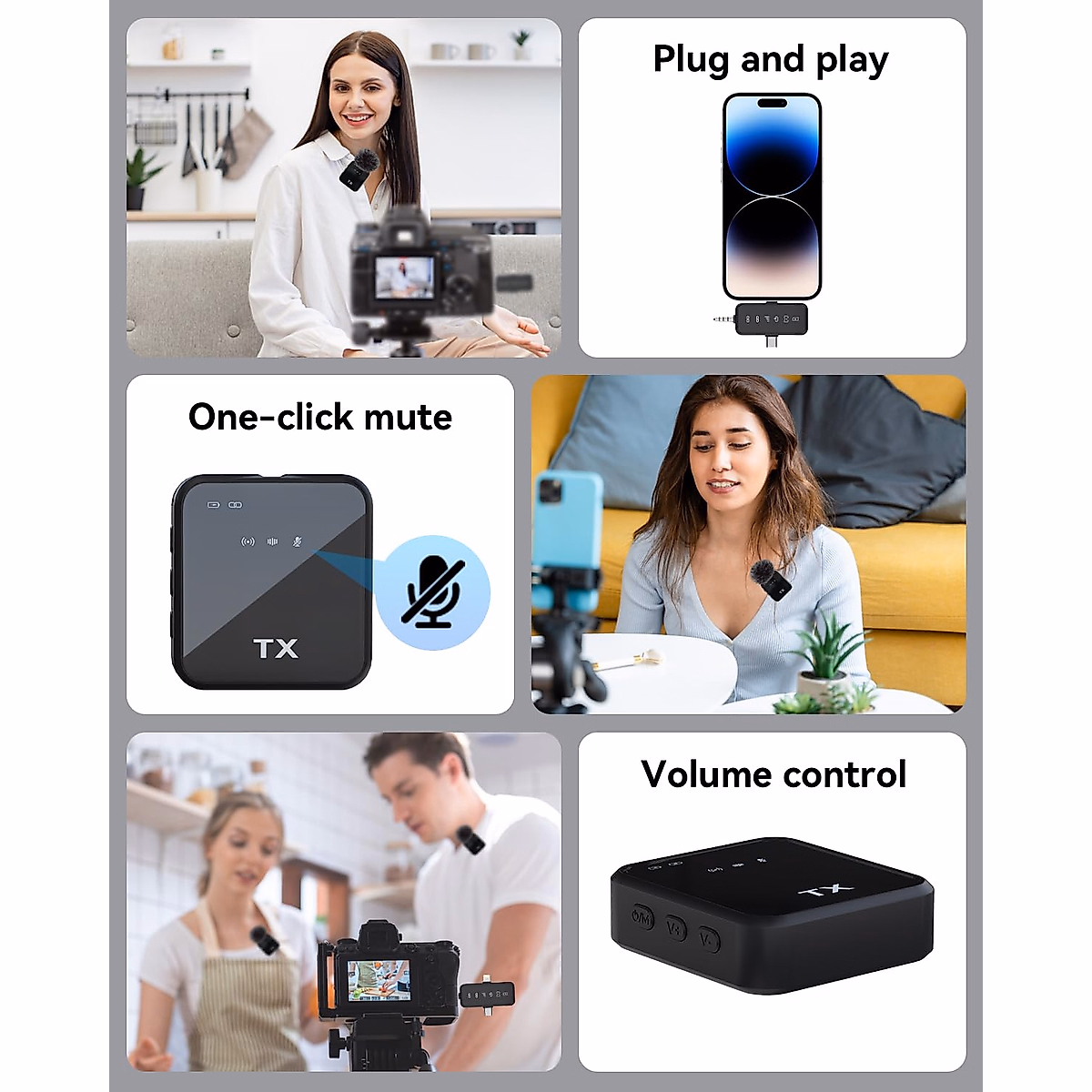 PQRQP 3 in 1 Microphone for iPhone/Android/Camera, Wireless Lavalier Microphone, 328ft Transmission, 18H Battery Life, Mini Microphone for Record Interview, Vlogs, YouTube, Tiktok