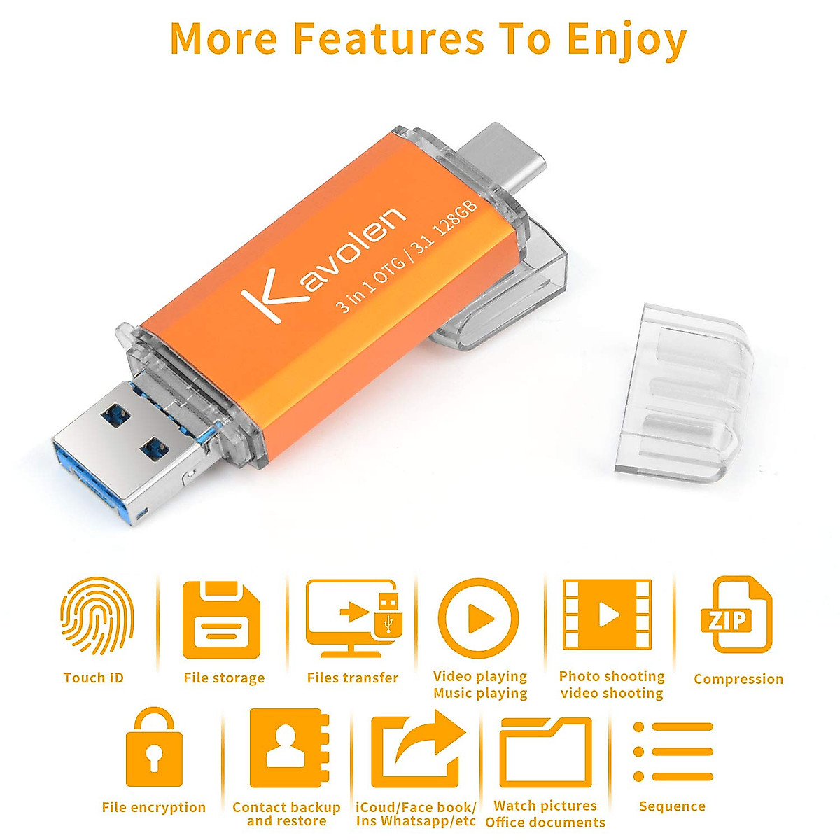 Kavolen 3 in1 128GB High Speed Photo Backup Stick for Android Phones&PC&Laptop. Photo-Memory-Stick-for All Samsung Galaxy Phones.LG,Google Pixel, Huawei, Moto etc.