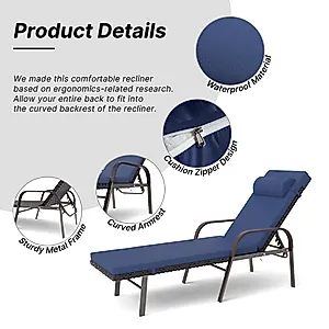 Gotland Patio Chaise Lounge Sets Outdoor Armchair Recliner Rattan Adjustable Back 3 Pieces Cushioned Patio Folding Chaise Lounge with Folding Table
