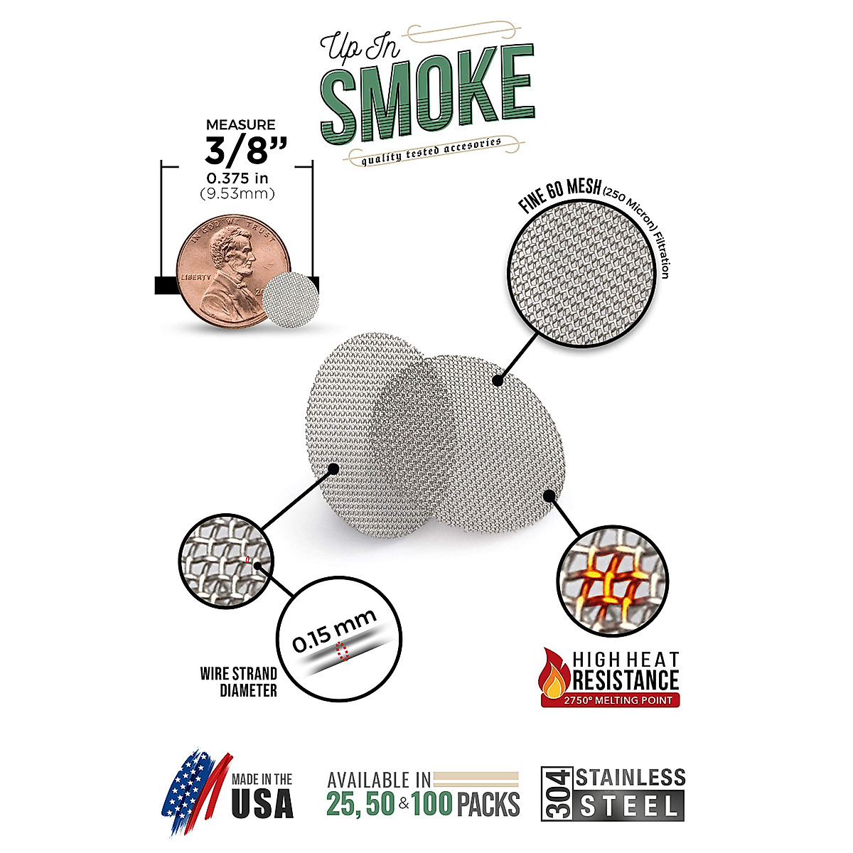 Made in The USA - 50 3/8 Inch (.375") 304 Stainless Steel Premium Pipe Screen Filters