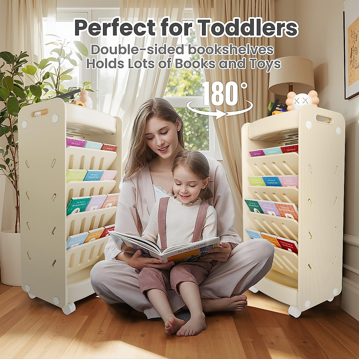 hoopyosms 6-Tier Rolling Bookshelf for Kids Double-Sided Mobile Bookcase with Wheels Narrow Book Organizer for Toddlers Ideal for Home, School & Study