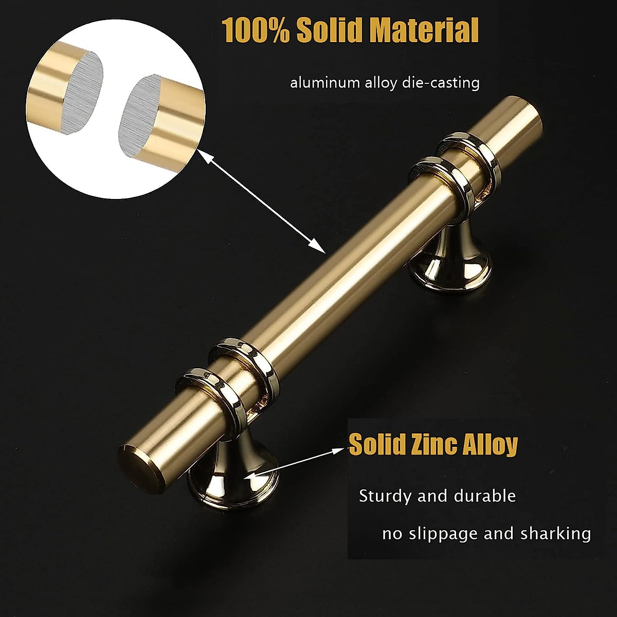 Haliwu 10 Pack Gold Cabinet Handles, Brushed Brass Pulls Kitchen Barrel Champagne Gold Pull Hardware, 3 inch Hole to Hole Center