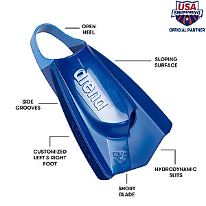 Arena Unisex Adult Powerfin Pro II Swim Training Fins Men and Women Silicone Short Blade Flippers Left/Right Customized, Blue, Size 9.5-10.5