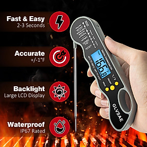 Waterproof Digital Instant Read Meat Thermometer with 4.6” Folding Probe Backlight & Calibration Function for Cooking Food Candy, BBQ Grill, Liquids,Beef by GLVSAE