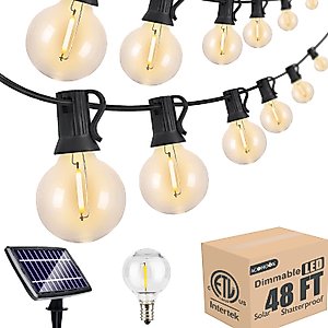 ACOHOOK 48FT Outdoor Solar String Lights, Solar Cafe Lights, Commercial Grade Solar String Lights for Outside,4 Light Modes,USB& Solar Powered String Lights with Waterproof Plastic 15+1(Spare) Bulbs