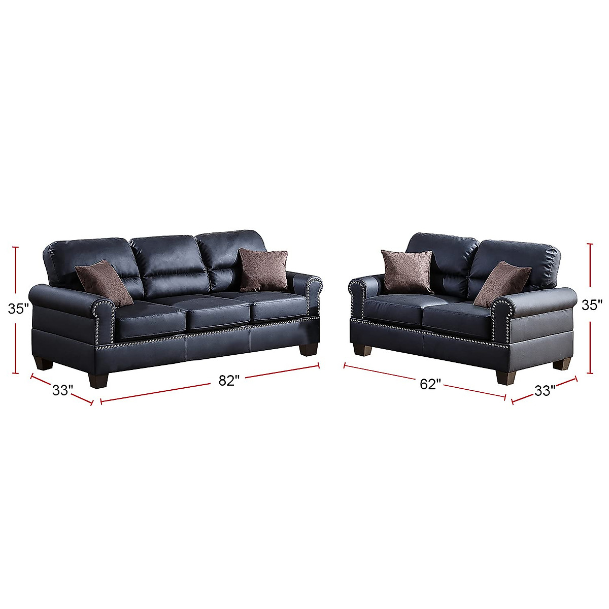 Poundex Bobkona Shelton Bonded Leather 2 Piece Sofa and Loveseat Set, Black
