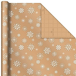 Hallmark Recyclable Kraft Wrapping Paper with Cut Lines (3 Rolls: 90 Sq. Ft. Ttl.) Minimalist Christmas, White Trees, Deer Antlers, Snowflakes on Brown Kraft for Holidays, Weddings, Winter Solstice
