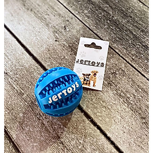 Jertoys Juguetes, Pelota para Perros Indestructible. Bola masticable resistente a las mordeduras con comedero en sus ranuras Ideal para la limpieza de dientes y entretemiento de sus mascotas (Blue)