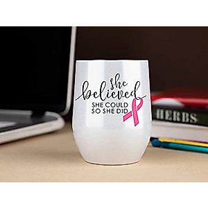KLUBI Breast Cancer Awareness Gift Large 12oz GLITTER White Tumbler for Wine or Coffee- Idea for Women, Post Surgery, Survivor, Chemo, Glass, Care Packages, Baskets, Chemotherapy Patients
