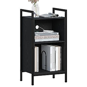 Yusong 3 Tier End Table, Tall Side Table With Storage Cabinets, Bedside Table Nightstand Small Bookcase for Small Space in Living Room, Bedroom, Office, Oak Black