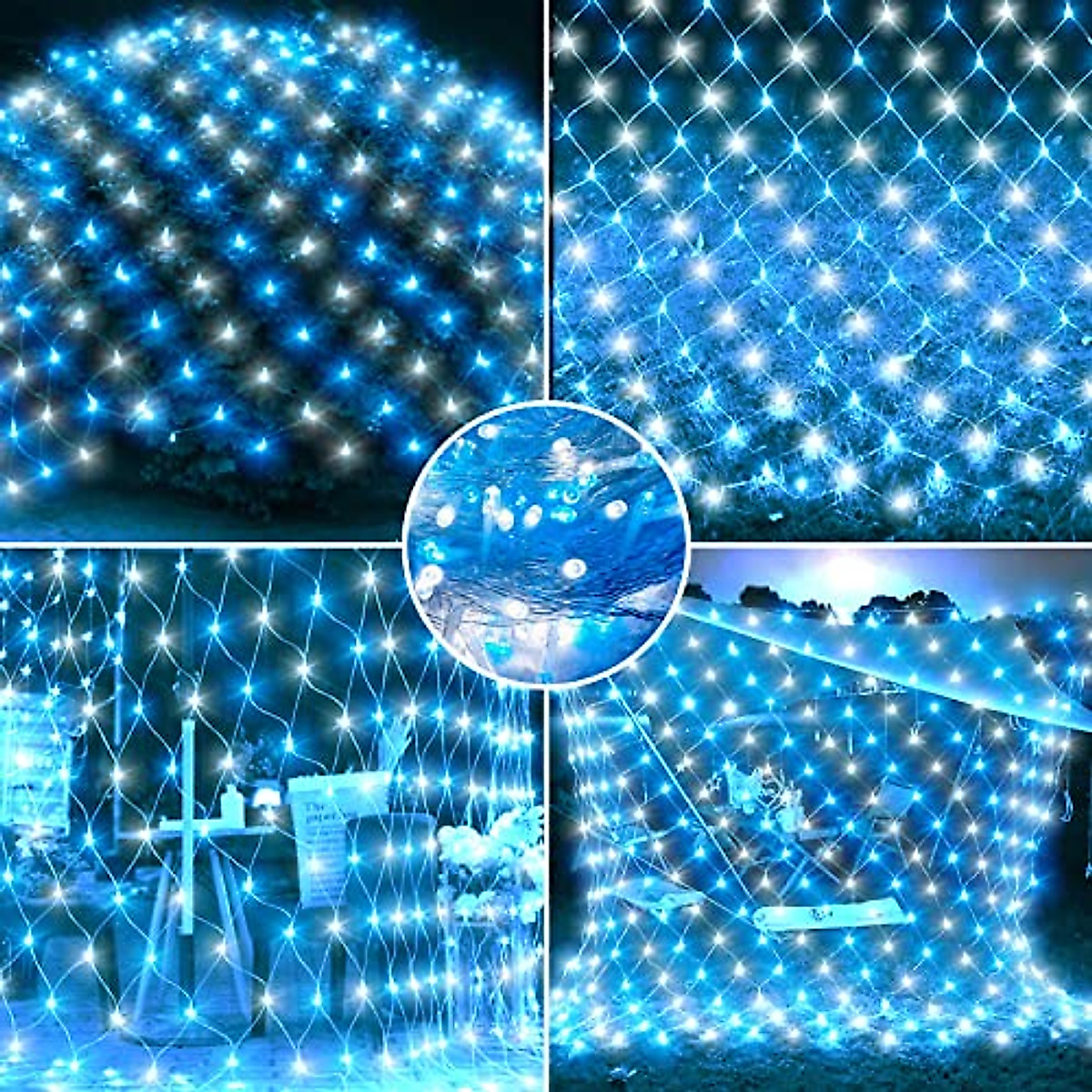 Net Lights Outdoor Christmas Net String Lights Plug in 9.8ft x 6.6ft Connectable Mesh Fairy Light 200 LEDs Waterproof Garden Tree Lights 8 Modes with Remote for Yard Fence Gazebo Decor(White+Blue)