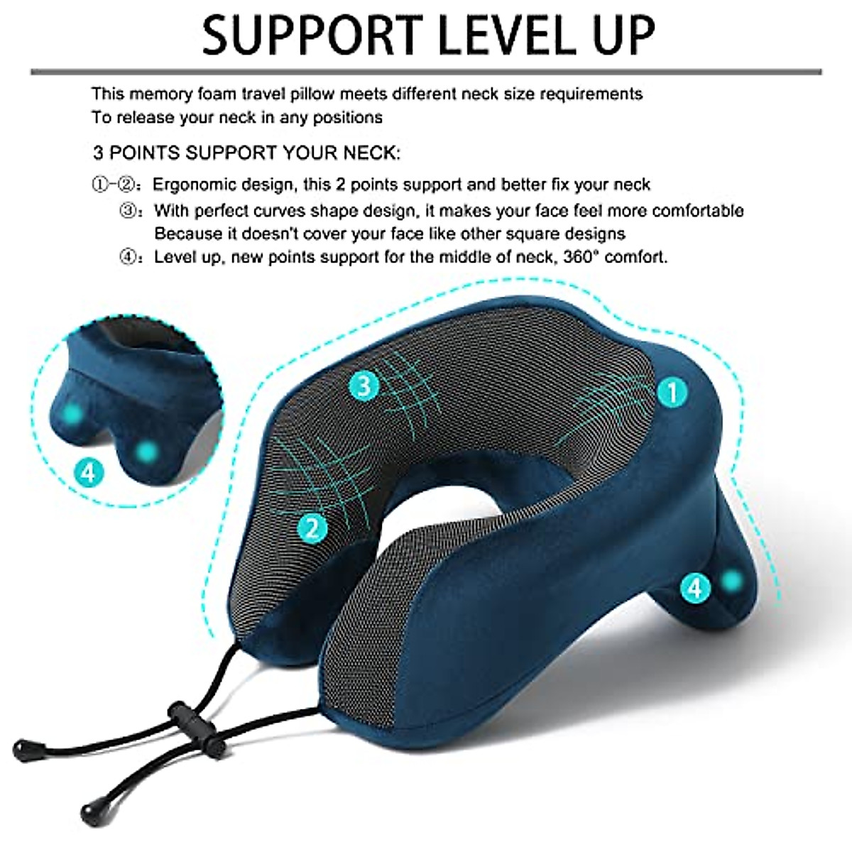 SREOZ Memory Foam Neck Pillows for Travel,Adjustable Travel Neck Pillow for Airplanes Travel Essentials, Ergonomic Plane Travel Pillows for Sleeping Airplane, Car, Train, Bus (Blue)