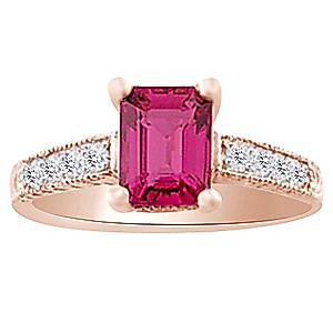 AFFY 1.75 cttw Simulated Pink Sapphire & White Natural Diamond Vintage Engagement Wedding Ring in 14k Rose Gold Ring Size 13.5