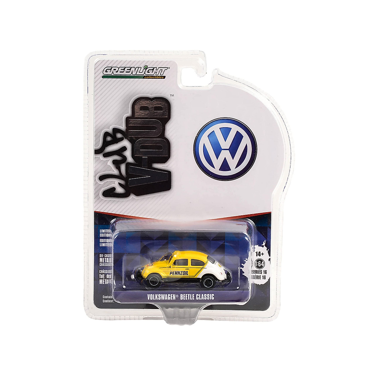 Classic Beetle Yellow and White Pennzoil Racing Club Vee V-Dub Series 16 1/64 Diecast Model Car by Greenlight 36070E