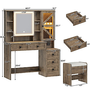 VIAGDO Vanity Desk with LED Lighted Mirror and Chair, 5 Drawers Makeup Vanity Set with Charging Station & RGB Jewelry Cabinet, Farmhouse Vanity Table with Open/Hidden Storage Shelves for Bedroom