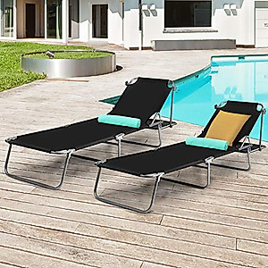 GYMAX Lounge Chair, Folding Recliner Patio Chair for Outdoor Patio Garden Beach Pool with Adjustable Reclining Positions, Sun Shade (Black)