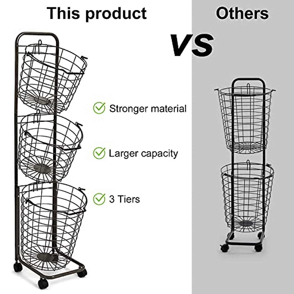 Ganggend 3-Tier Laundry Basket with Lockable Wheels, Wire Laundry Hamper with Rubber Handle Laundry Cart Storage Rolling Hamper for Organizing Clothes Black