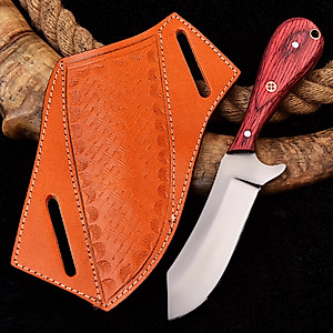 Wolf Craft Handmade 1095 High Crabon Steel Steel Bull Cutter Knife, Fixed Blade Cowboy Knife, Hand Made Hunting Knives EDC bull Cutter CamPing knife Gifts For Men - Red Wood Handle With Leather Sheath (Red wood)
