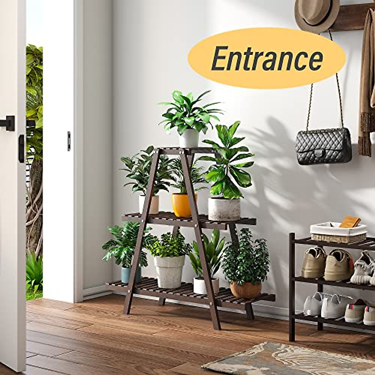 Furshus Plant Stand Indoor, Outdoor bamboo Plant Stands for Multiple Plants, 3 Tier 8 Potted Flower Holder Ladder Plant Rack,Plant Shelf Ladder Table Plant Pot Stand for Living Room, Patio, Balcony
