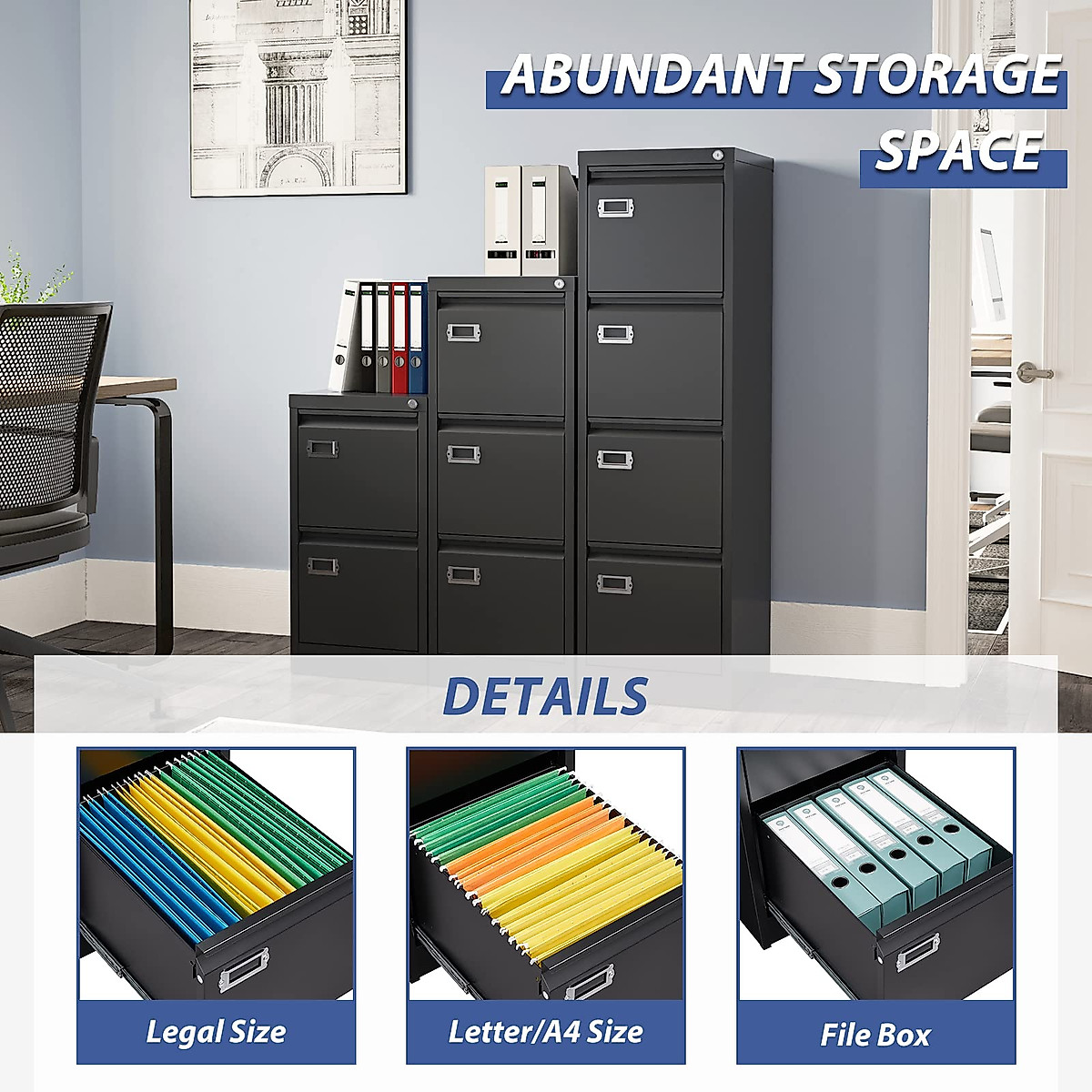 Anxxsu 4 Drawer File Cabinet, Filing Cabinets for Home Office, Metal Vertical File Storage Cabinet with Lock, Locking File Cabinet for A4 Legal/Letter, 15.1" W x 17.7" D x 52.5" H, Assembly Required