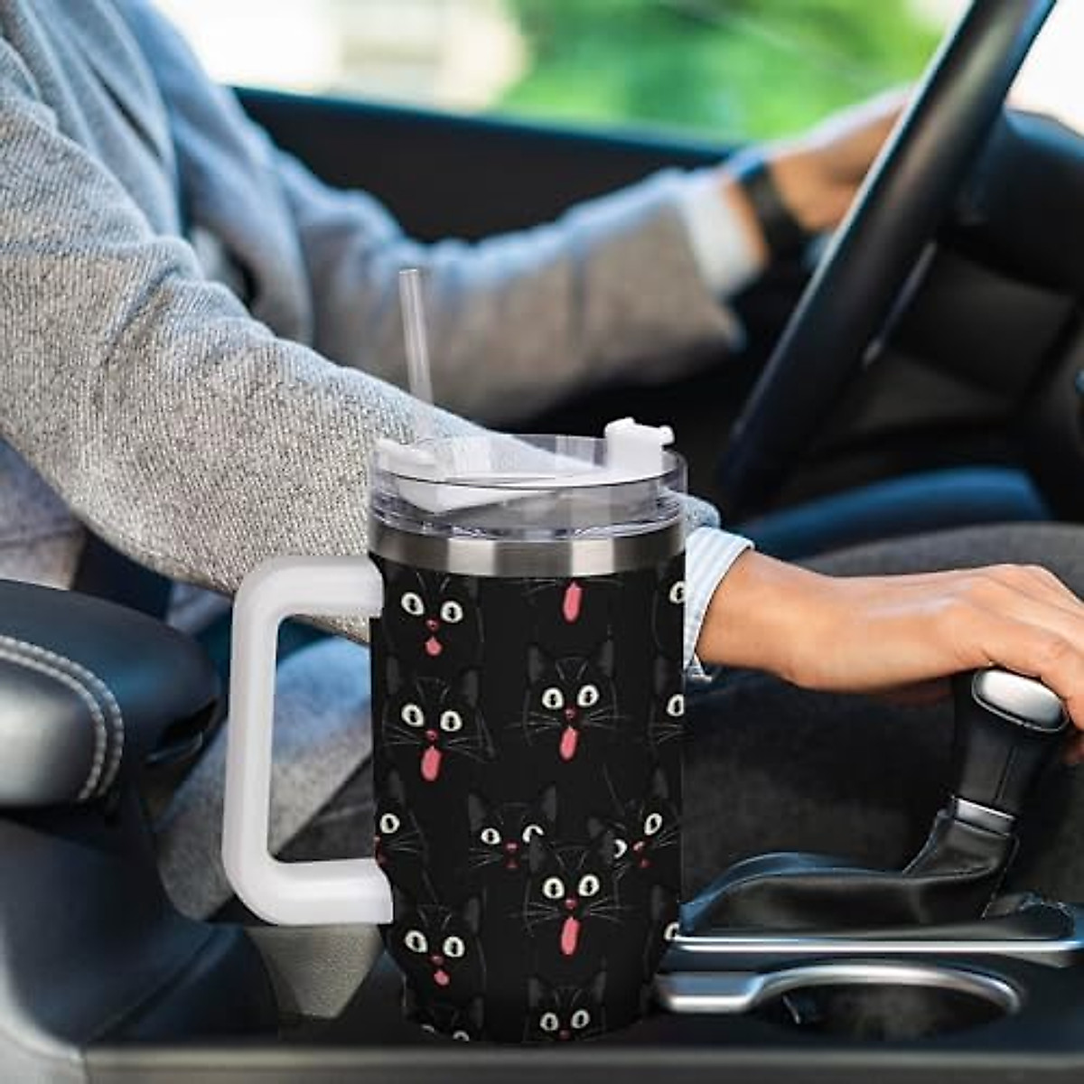 Black Cat 40OZ Tumbler Stainless Steel Travel Mug Water Bottle Car Cup Tea Cups with Lid White-style