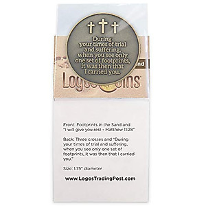 Footprints in The Sand Coin, Resting and Peace, Antique Gold Plated Christian Challenge Coin. During Your Times of Trial and Suffering, I Carried You. I Will Give You Rest, Matthew 11:28 Gift