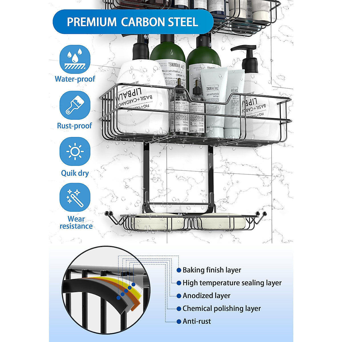 Turfson Hanging Shower Caddy Over Shower Head,Height Adjustable Shower Organizer Hanger Storage Rack Shelf For Inside Rustproof Bathroom Wall Basket With Soap Shampoo Holder Organization Black