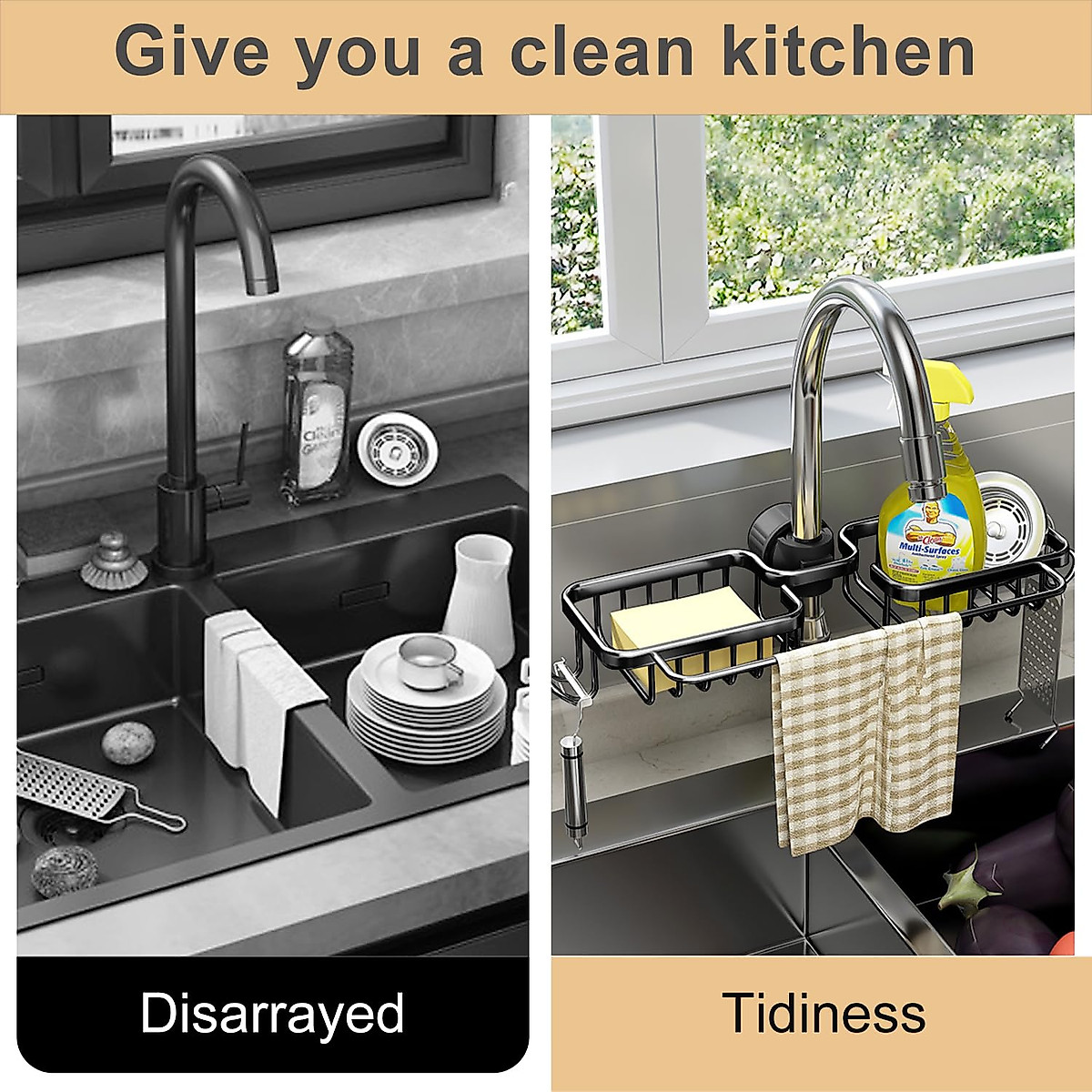 UOWGA Faucet Holder Kitchen Bathroom Faucet Holder Faucet Sponge Holder Kitchen Sink Box Space Aluminum Removable Faucet Holder Double Sink with Hooks (Black)