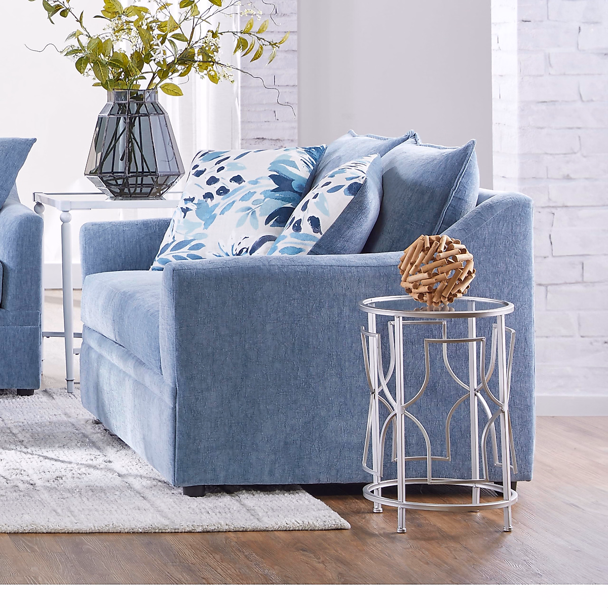 New Classic Furniture Sylvie Polyester 3-Seater Sofa Couch with 4 Accent Pillows, Blue Slate