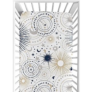Sweet Jojo Designs Star and Moon Boy or Girl Fitted Crib Sheet Baby or Toddler Bed Nursery - Navy Blue, Gold, and Grey Celestial Sky Stars Gender Neutral Unisex