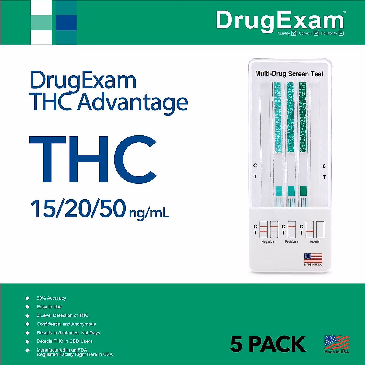 5 Pack - DrugExam THC Advantage Made in USA Multi Level Marijuana Urine Test. Highly Sensitive Marijuana THC 3 Level Drug Test Kit. Detects at 15 ng/mL, 20 ng/mL and 50 ng/mL
