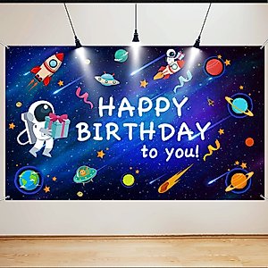 Space Happy Birthday Backdrop, 6x3.6ft Astronaut Rocket Birthday Banner, Space Party Decorations for Children's Birthday Galaxy Planet Party