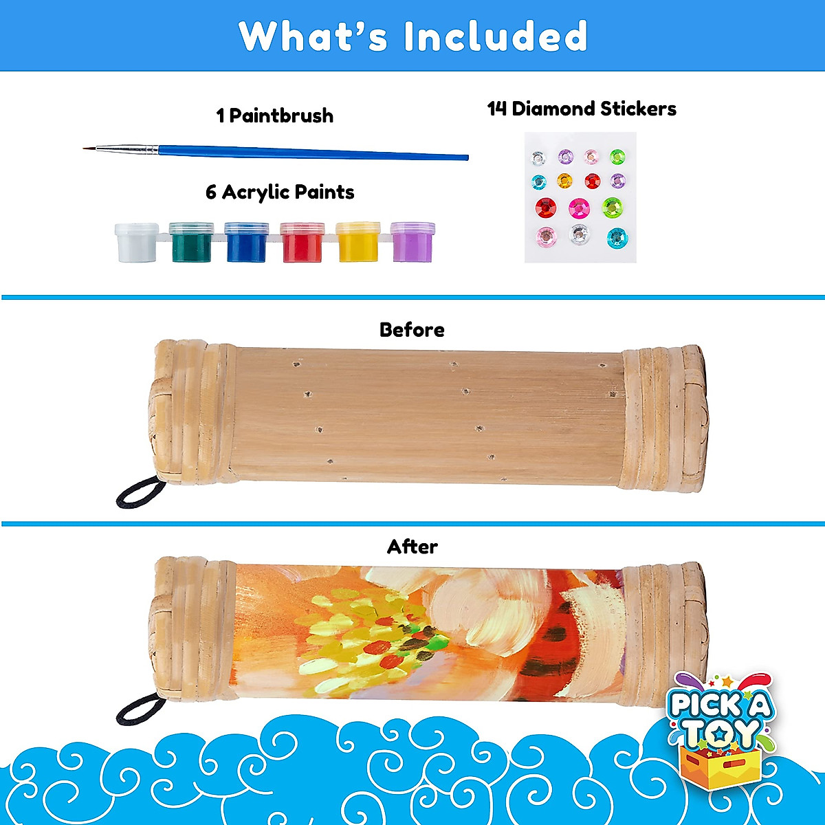 PICK A TOY DIY Rain Stick Musical Instrument with Paint, Paintbrush & Stickers, Fun Arts and Crafts Kit for Kids, Teens, and Adults, Natural Bamboo Wood, Crafting Gift Idea