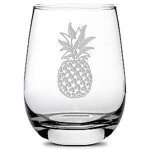 Integrity Bottles Tropical Pineapple Design Stemless Wine Glass, Handmade, Handblown, Hand Etched Gifts, Sand Carved, 16oz