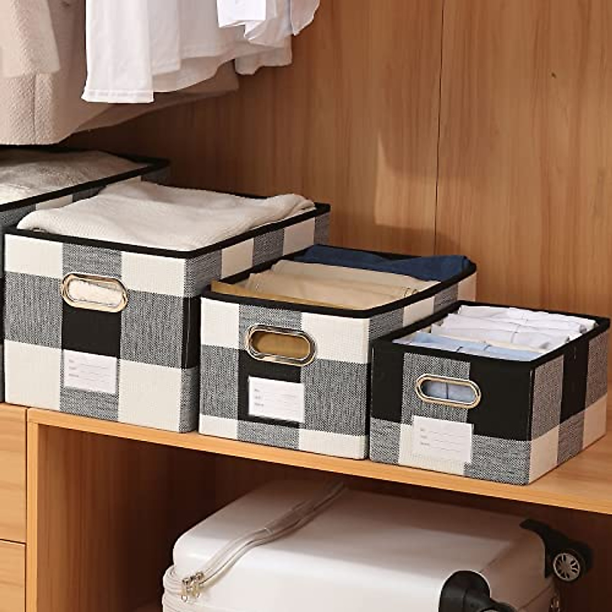 ANMINY 2PCS Storage Bins Set Cotton Linen Fabric Open Storage Basket Box Foldable Washable Rectangular Cube Organizer with Handles Label Window Pocket Thick PP Plastic Board - Medium, Black Plaid