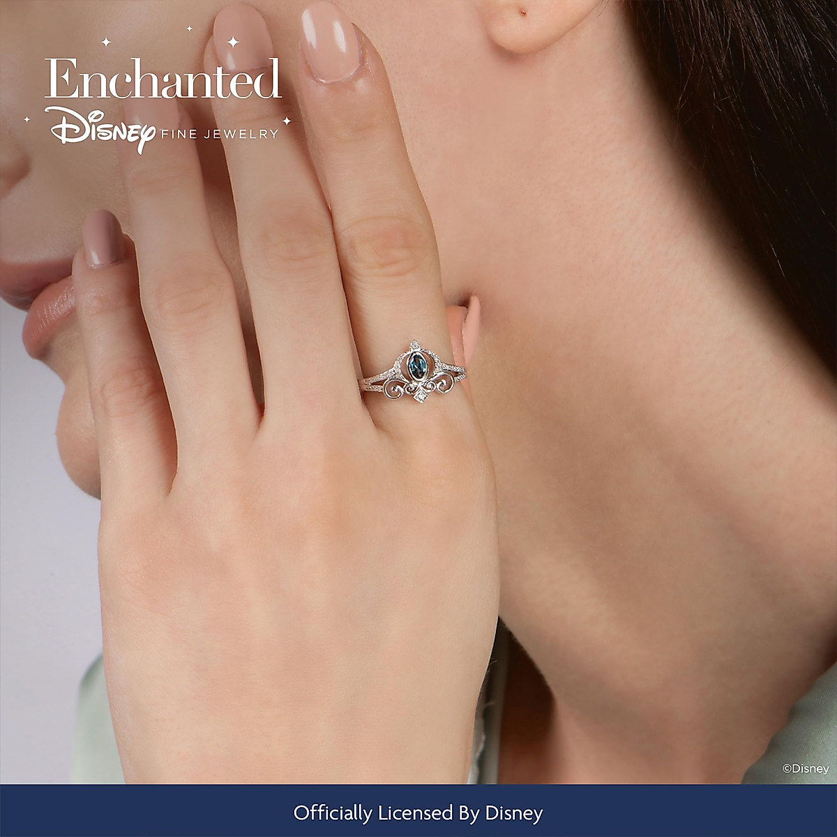 Jewelili Enchanted Disney Fine Jewelry Sterling Silver with 1/10 CTTW Diamonds and London Blue Topaz Cinderella Carriage Ring, size 8