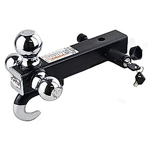 TOPTOW 64180HL Trailer Tri Ball Hitch with Hook, Fits for 2 inch Receiver, Chrome, 5/8 inch Hitch Lock Included