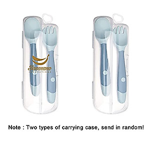Toddler Utensils with travel case, Baby spoon and fork set for self-feeding Learning Bendable handle silverware for kid children (2 set, yellow&green)
