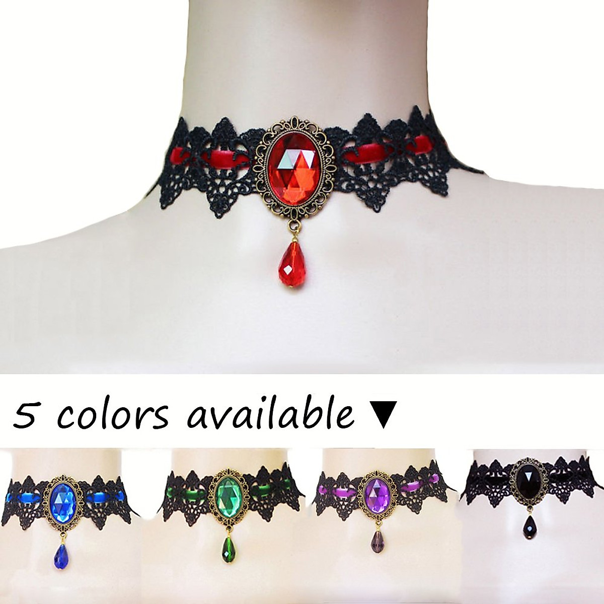 Youniker Retro Handmade Choker Necklace for Women Gothic Black Lace Necklace for Halloween Punk Costume Party Royal Court Vampire Choker Pendant Chain (Red)