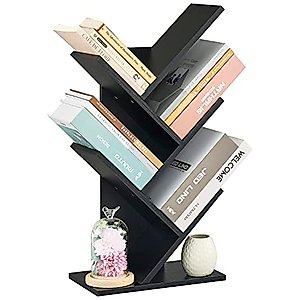 Hoctieon 4 Tier Tree Bookshelf, 4 Shelf Bookcase, Free Standing Tree Bookcase, Display Floor Standing Shelf for Books, Book Organizer Shelves for Home Office, Living Room, Bedroom, Black