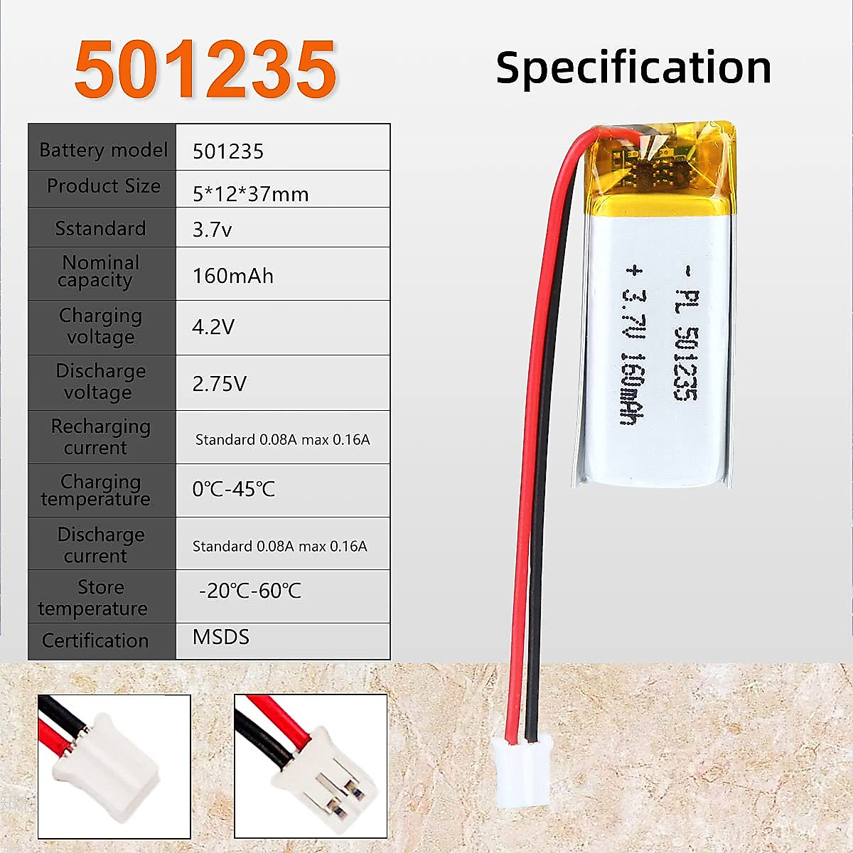 YDL 3.7V 501235 160mAh Lipo battery Rechargeable Lithium Polymer ion Battery Pack with PH2.0mm JST Connector