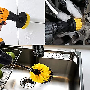 CLEAFOU 4 Pcs Drill Brush Attachment Set with Extend Attachment All Purpose Power Scrubber Brush Cleaning Kit for Bathroom Surfaces, Grout, Floor, Tub, Shower, Tile, Kitchen and Car, Yellow