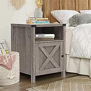 Farmhouse Nightstand, Side Table, Set of 2 End Table with Barn Door and Shelf, Modern Bed Side Table End Table, Rustic Nightstands Set for Bedroom, Living Room, Set of 2, Grey Wash