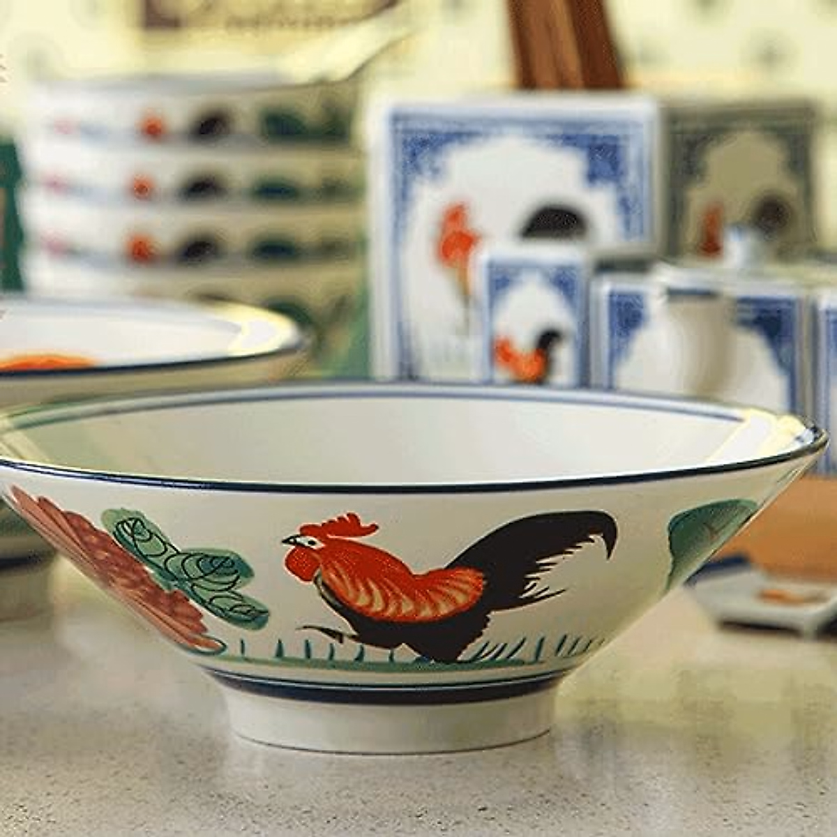Kichvoe 7Inch Japanese Porcelain Bowl Ceramic Ramen Bowl Retro Rooster Pattern Serving Bowl For Salad Soup Rice
